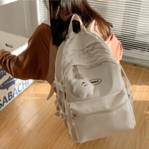 IECSHDU Kawaii Aesthetic Laptop Backpack Large Capacity Casual Daypack Cute Plush Pendant Simple Design Laptop Bag Supplies (Beige/White)