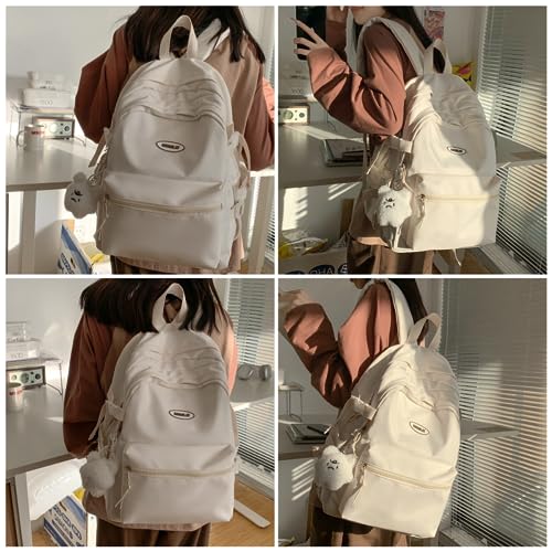 IECSHDU Kawaii Aesthetic Laptop Backpack Large Capacity Casual Daypack Cute Plush Pendant Simple Design Laptop Bag Supplies (Beige/White)