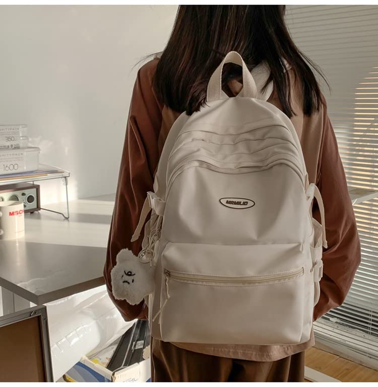 IECSHDU Kawaii Aesthetic Laptop Backpack Large Capacity Casual Daypack Cute Plush Pendant Simple Design Laptop Bag Supplies (Beige/White)