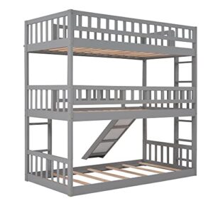 DEYOBED Triple Wooden Bunk Bed - Twin Over Twin Over Twin with Slide and Dual Ladders | Ultimate Sleep and Play Solution for 3 Kids and Teens