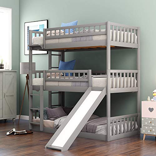 DEYOBED Triple Wooden Bunk Bed - Twin Over Twin Over Twin with Slide and Dual Ladders | Ultimate Sleep and Play Solution for 3 Kids and Teens