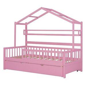 BIADNBZ Twin Size House Bed with Trundle and Storage Shelves, Wooden Kids Montessori Bed Playhouse w/Roof & Fence Rails, Tent Platform Bedframe for Girls Boys Teens,Pink