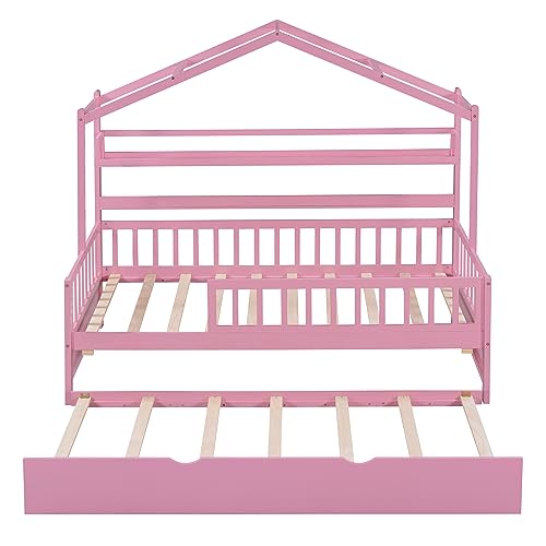 BIADNBZ Twin Size House Bed with Trundle and Storage Shelves, Wooden Kids Montessori Bed Playhouse w/Roof & Fence Rails, Tent Platform Bedframe for Girls Boys Teens,Pink