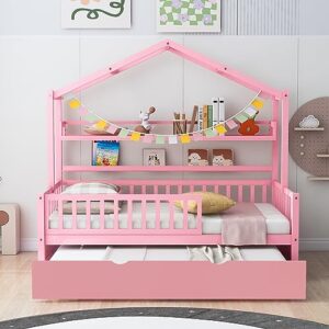 BIADNBZ Twin Size House Bed with Trundle and Storage Shelves, Wooden Kids Montessori Bed Playhouse w/Roof & Fence Rails, Tent Platform Bedframe for Girls Boys Teens,Pink