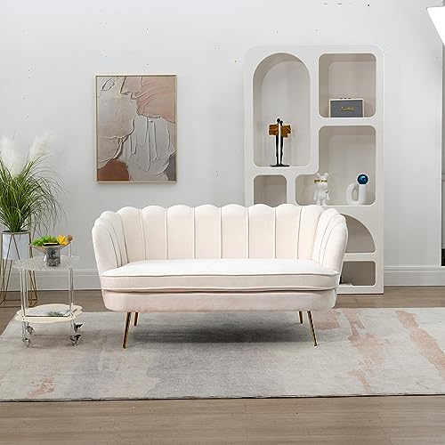 Anwickmak 59" Wide Modern Boucle Loveseat Small Sofa Small Mini Room Couch Two-Seater Sofa with Gold Metal Legs for Small Space Office Studio Apartment Bedroom (Beige)