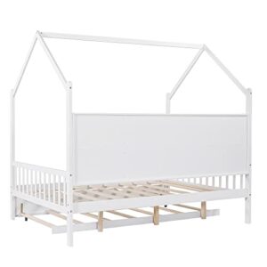 BIADNBZ Wooden Full Size House Platform Bed Frame with Trundle,Kids DayBed with Shelf for Kids/Teens,White