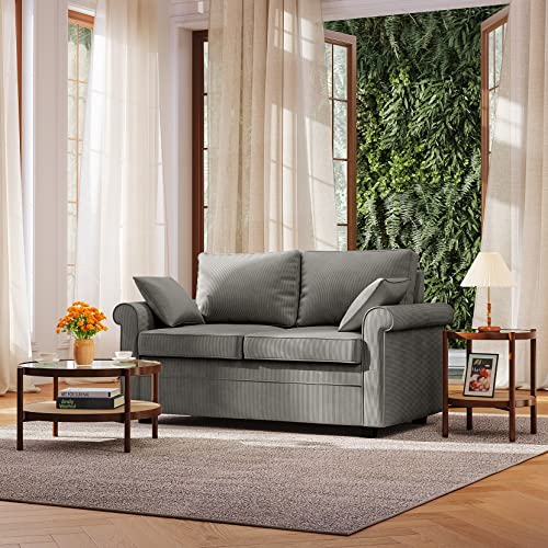 Koorlian Loveseat Sleeper Sofa Bed, Corduroy Fabric Pull Out Mattress Couch, 2 in 1 Sleeper Sofa Couch with Memory Foam, 2 Seater Loveseat Sofa Sleeper for Small Space, Living Room, Apartment, Grey