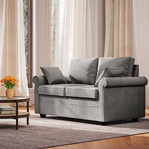 Koorlian Loveseat Sleeper Sofa Bed, Corduroy Fabric Pull Out Mattress Couch, 2 in 1 Sleeper Sofa Couch with Memory Foam, 2 Seater Loveseat Sofa Sleeper for Small Space, Living Room, Apartment, Grey