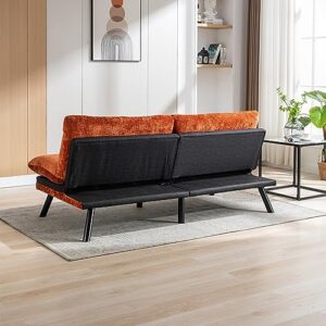 Convertible Folding Futon Sofa Bed Sleeper Couch for Living Room Breathable Lounge Couch with Adjustable Back and Metal Legs, Upholstered Chenille Loveseat for Compact Space（Orange）