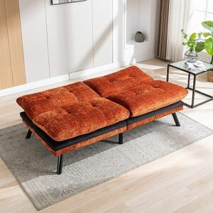 Convertible Folding Futon Sofa Bed Sleeper Couch for Living Room Breathable Lounge Couch with Adjustable Back and Metal Legs, Upholstered Chenille Loveseat for Compact Space（Orange）