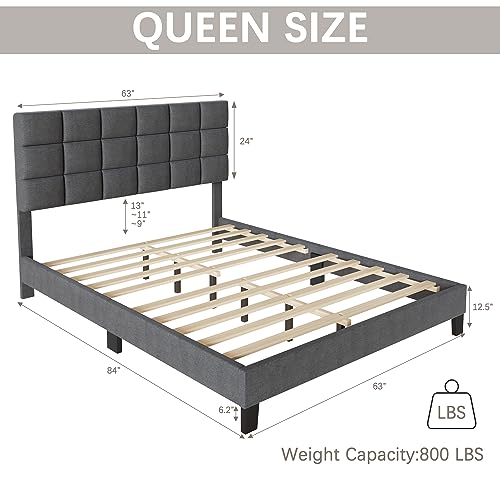 Fluest Queen Bed Frame Upholstered Bed Frame Platform with Adjustable Headboard Linen Fabric Tufted Headboard Wooden Slats Support, No Box Spring Needed, Easy Assembly, Mattress Foundation, Dark Grey