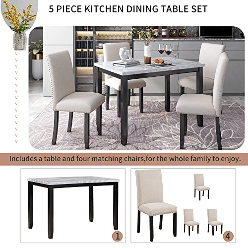 BIADNBZ 5-Pieces Dining Table Sets for 4,Wooden Kitchen Furniture with Faux Marble DiningTable and 4 Upholstery Chairs for Small Space,Breakfast Nook,Restaurant,Modern Style, White+Black