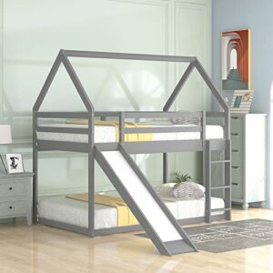 OPTOUGH House Shape Twin Size Bunk Bed with Ladder and Slide,Wooden Bedframe with Full-Length Safety Rail,for Kids Teens,No Spring Box Need,Gray