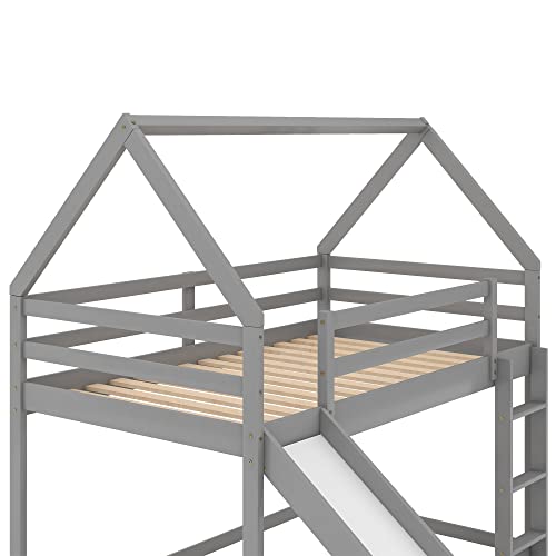 OPTOUGH House Shape Twin Size Bunk Bed with Ladder and Slide,Wooden Bedframe with Full-Length Safety Rail,for Kids Teens,No Spring Box Need,Gray