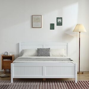 ZKTYQUIHE Wooden Bed,Queen Pine Single-Layer Core Vertical Stripe Full-Board Curved Headboard with The Same Bed Tail, White