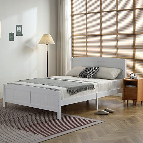 ZKTYQUIHE Wooden Bed,Queen Pine Single-Layer Core Vertical Stripe Full-Board Curved Headboard with The Same Bed Tail, White