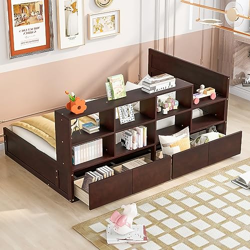 BIADNBZ Twin Bed Frame with Headboard, 4 Drawers and Large Shelves Storage, Wooden Daybed Platform Bedframe for Kids Teens Adults Bedroom, Espresso