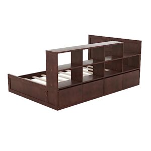 BIADNBZ Twin Bed Frame with Headboard, 4 Drawers and Large Shelves Storage, Wooden Daybed Platform Bedframe for Kids Teens Adults Bedroom, Espresso