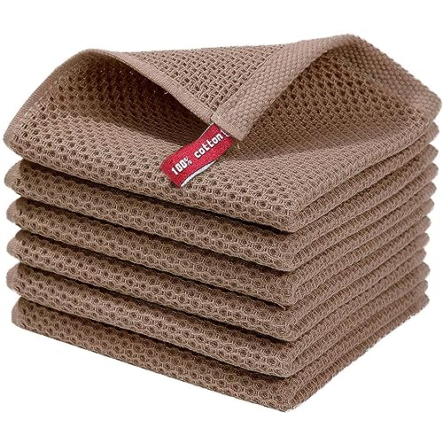 100% Cotton Kitchen Dish Cloths, Waffle Weave Dish Towels, Soft and Absorbent Dish Rags, Quick Drying Dish Cloths (12 x 12-8 Pack, Brown)