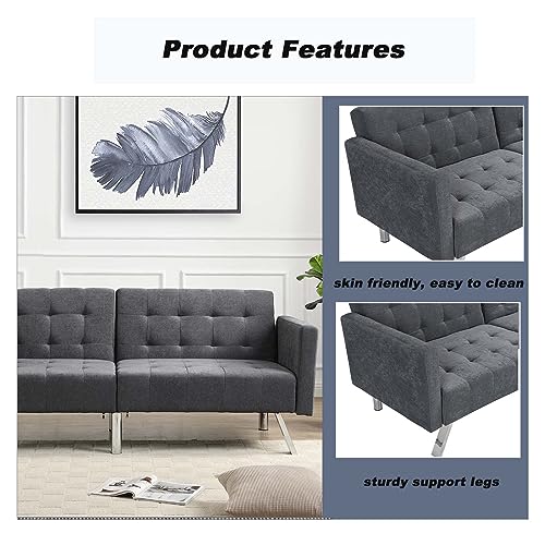 Sofa Bed with Convertible Folding Function, Lounge Couch Loveseat with 3 Adjustable Positions, Sturdy Metal Legs Support, Sleeper Sofa for Living Room Bedroom Apartment Reading Room (Dark Gray)