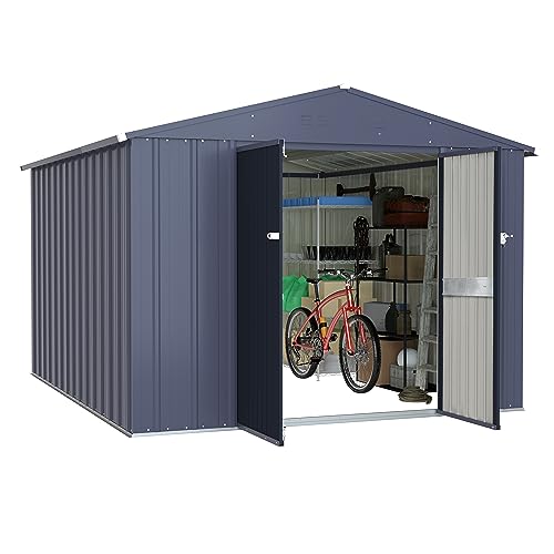 MUPATER 8 x 12 FT Outdoor Storage Shed, Galvanized Metal Garden Tool Shed, Patio Furniture Storage House with Double Slooping Roof, Lockable Door and Vents for Backyard and Patio, Grey