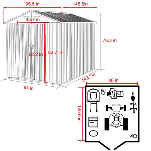 MUPATER 8 x 12 FT Outdoor Storage Shed, Galvanized Metal Garden Tool Shed, Patio Furniture Storage House with Double Slooping Roof, Lockable Door and Vents for Backyard and Patio, Grey