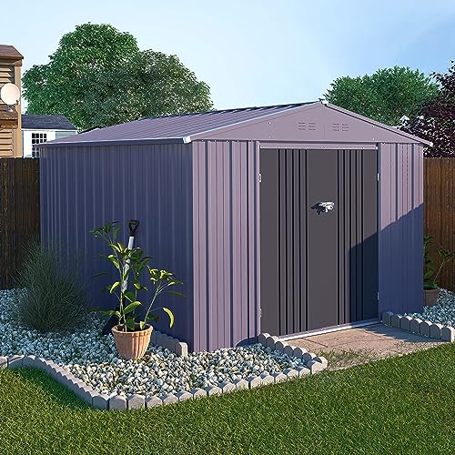 MUPATER 8 x 12 FT Outdoor Storage Shed, Galvanized Metal Garden Tool Shed, Patio Furniture Storage House with Double Slooping Roof, Lockable Door and Vents for Backyard and Patio, Grey