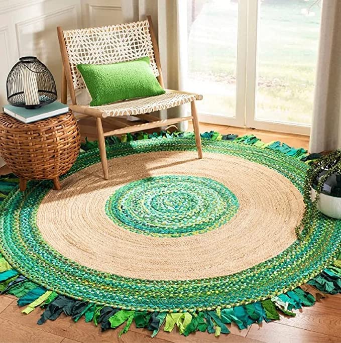 Aizza Trends Jute and Cotton Carpet for Living Room, Jute Round Floor Mat, Rugs for Living Room, Jute Centre Table Carpet, Home Decore Rug (2x2 Feet (60x60 Cm))