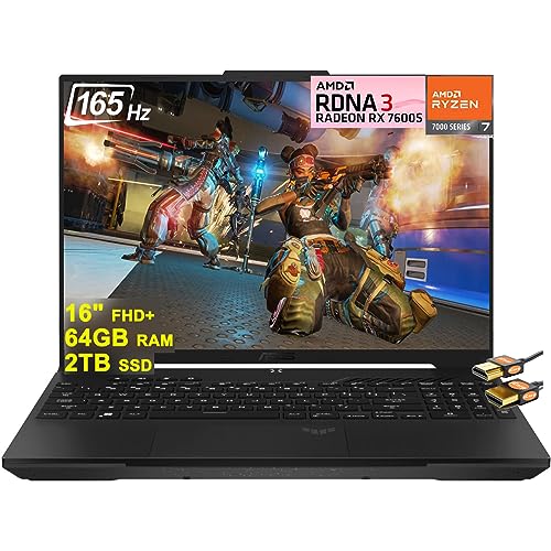 ASUS TUF Gaming A16 Laptop 16" FHD+ 165Hz 7ms 100% sRGB AMD Octa-core Ryzen 7 7735HS (Beat i7-11800H) 64GB RAM 2TB SSD Radeon RX 7600S 8GB Graphic Backlit USB-C USB4 Fast Charging Win11 + HDMI Cable