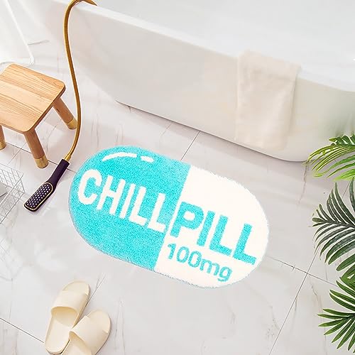 UKELER Cute Chill Pill Bathroom Rug Blue Absorbent Funny Bath Mat Soft Shaggy Shower Rug Non Slip Washable Small Accent Rug for Bathroom, Sink, Tub, Entry Way, Toilet, 27.5"×15.5"