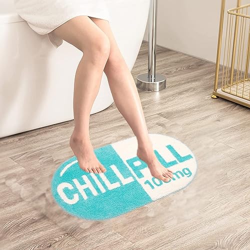 UKELER Cute Chill Pill Bathroom Rug Blue Absorbent Funny Bath Mat Soft Shaggy Shower Rug Non Slip Washable Small Accent Rug for Bathroom, Sink, Tub, Entry Way, Toilet, 27.5"×15.5"