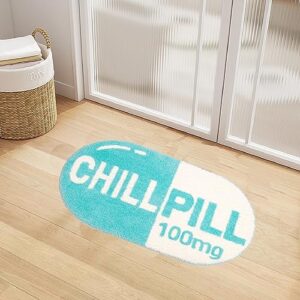 UKELER Cute Chill Pill Bathroom Rug Blue Absorbent Funny Bath Mat Soft Shaggy Shower Rug Non Slip Washable Small Accent Rug for Bathroom, Sink, Tub, Entry Way, Toilet, 27.5"×15.5"