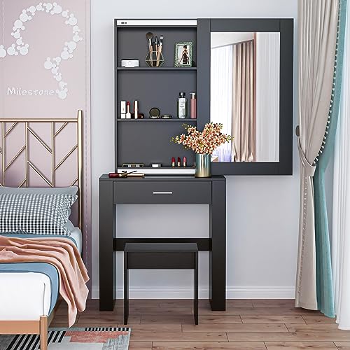 mixtavie Vanity Desk with Sliding Mirror & Stool, Makeup Vanity with Storage Shelves & Drawer & Chair, Vanity Table Set for Bedroom, Black