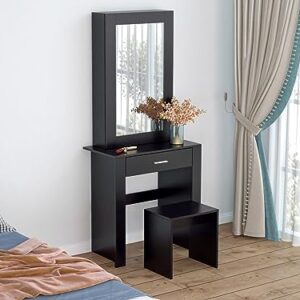 mixtavie Vanity Desk with Sliding Mirror & Stool, Makeup Vanity with Storage Shelves & Drawer & Chair, Vanity Table Set for Bedroom, Black