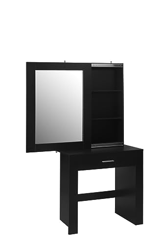 mixtavie Vanity Desk with Sliding Mirror & Stool, Makeup Vanity with Storage Shelves & Drawer & Chair, Vanity Table Set for Bedroom, Black