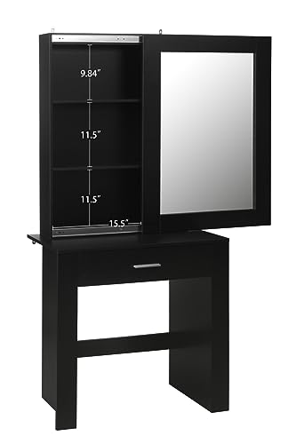 mixtavie Vanity Desk with Sliding Mirror & Stool, Makeup Vanity with Storage Shelves & Drawer & Chair, Vanity Table Set for Bedroom, Black