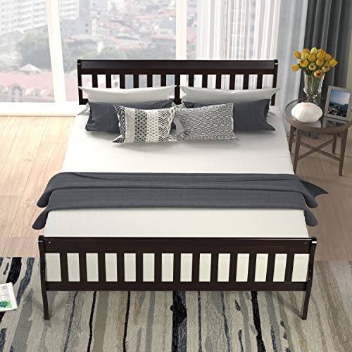 OPTOUGH Queen Size Pine Wood Platform Bed Frame with Headboard Simple Design, Suitable for Teenagers, Adults, Espresso