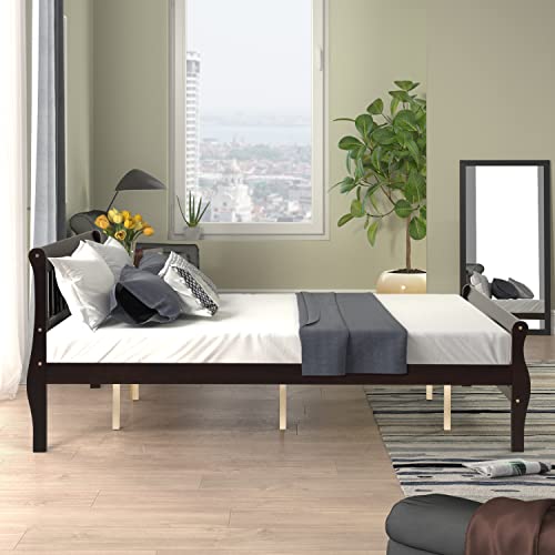 OPTOUGH Queen Size Pine Wood Platform Bed Frame with Headboard Simple Design, Suitable for Teenagers, Adults, Espresso