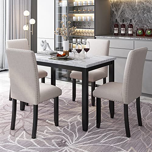 OPTOUGH 5 Piece Faux Marble Dining Set, Include 1 Fauxmarble Table and 4 Thicken Cushion Chairs for Four, Breakfast Nook, Bar, Living Room, Home, White/Beige+Black