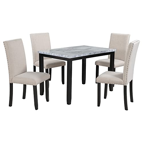 OPTOUGH 5 Piece Faux Marble Dining Set, Include 1 Fauxmarble Table and 4 Thicken Cushion Chairs for Four, Breakfast Nook, Bar, Living Room, Home, White/Beige+Black