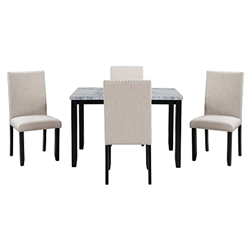 OPTOUGH 5 Piece Faux Marble Dining Set, Include 1 Fauxmarble Table and 4 Thicken Cushion Chairs for Four, Breakfast Nook, Bar, Living Room, Home, White/Beige+Black