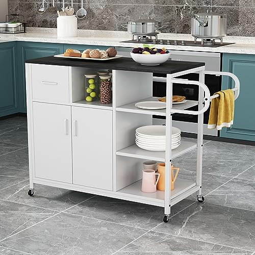 ZLLQUWR Kitchen Island Cart on Wheels with Storage Cabinet Drawers Rolling Kitchen Island with Lockable Casters Cart Handle Open Shelves Towel Rack Microwave Stand for Dining Room Living Room White