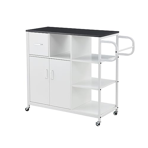 ZLLQUWR Kitchen Island Cart on Wheels with Storage Cabinet Drawers Rolling Kitchen Island with Lockable Casters Cart Handle Open Shelves Towel Rack Microwave Stand for Dining Room Living Room White