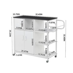 ZLLQUWR Kitchen Island Cart on Wheels with Storage Cabinet Drawers Rolling Kitchen Island with Lockable Casters Cart Handle Open Shelves Towel Rack Microwave Stand for Dining Room Living Room White