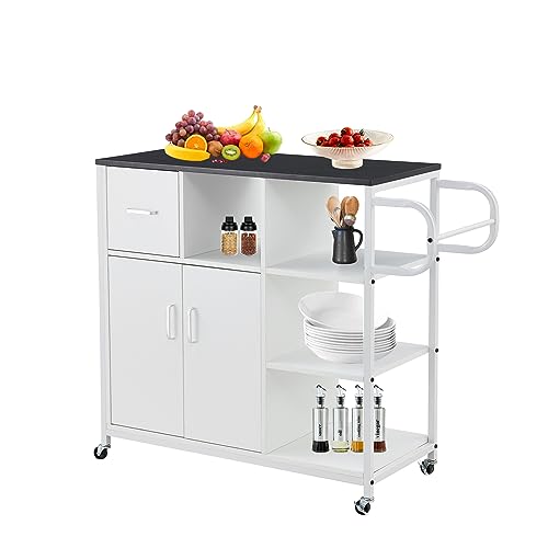 ZLLQUWR Kitchen Island Cart on Wheels with Storage Cabinet Drawers Rolling Kitchen Island with Lockable Casters Cart Handle Open Shelves Towel Rack Microwave Stand for Dining Room Living Room White