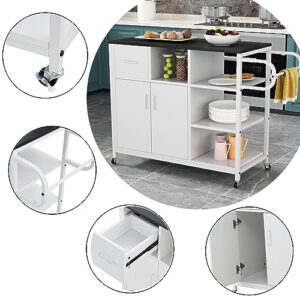 ZLLQUWR Kitchen Island Cart on Wheels with Storage Cabinet Drawers Rolling Kitchen Island with Lockable Casters Cart Handle Open Shelves Towel Rack Microwave Stand for Dining Room Living Room White