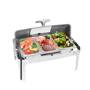 bacacoo stainless steel roll-top chafing dish, 13.5l buffet roll top hot plate heating tray with 3 pots, buffet server and heater for food warm party wedding buffet warm plate