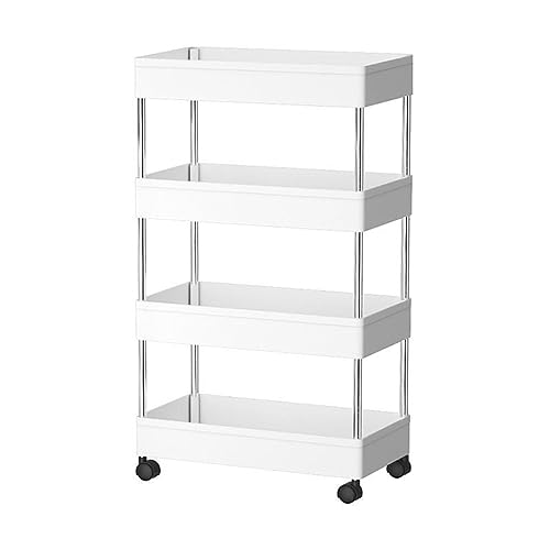 Camidy Rolling Storage Cart, 4-Tier Bathroom Organizer Utility Cart Laundry Room Organization Mobile Shelving Unit with Hooks, Lockable Wheel for Kitchen Bedroom Office