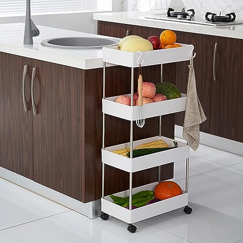 Camidy Rolling Storage Cart, 4-Tier Bathroom Organizer Utility Cart Laundry Room Organization Mobile Shelving Unit with Hooks, Lockable Wheel for Kitchen Bedroom Office