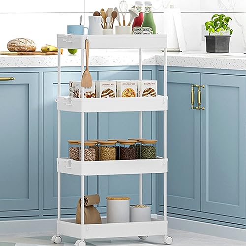 Camidy Rolling Storage Cart, 4-Tier Bathroom Organizer Utility Cart Laundry Room Organization Mobile Shelving Unit with Hooks, Lockable Wheel for Kitchen Bedroom Office